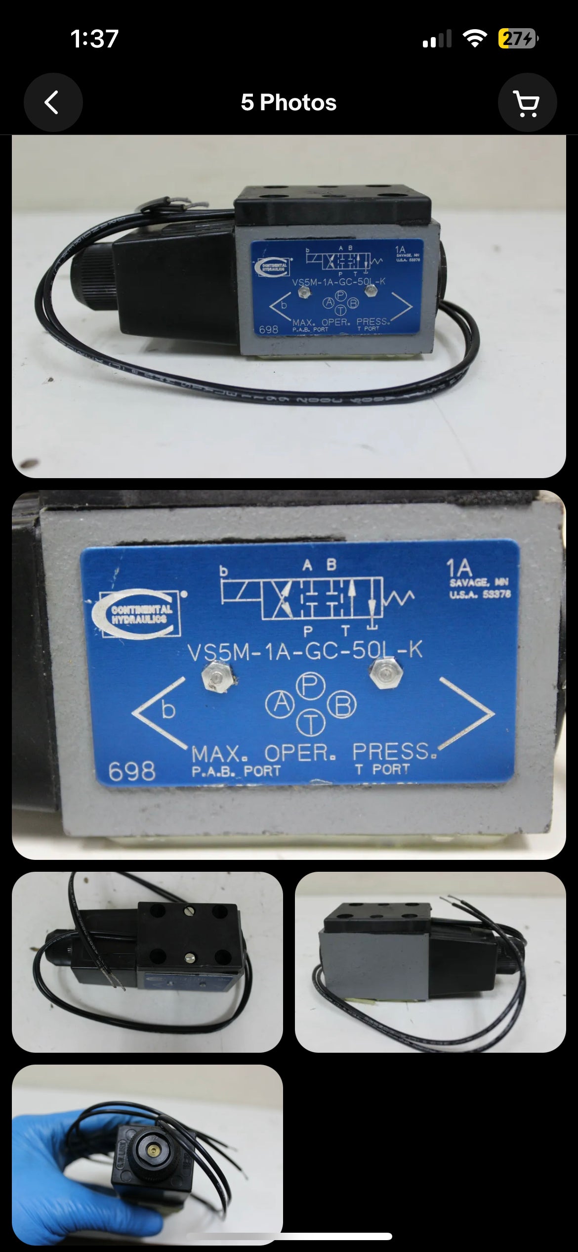 Continental Hyd. VS5M-1A-GC-50L-K Directional Control Valve 4 Way ...